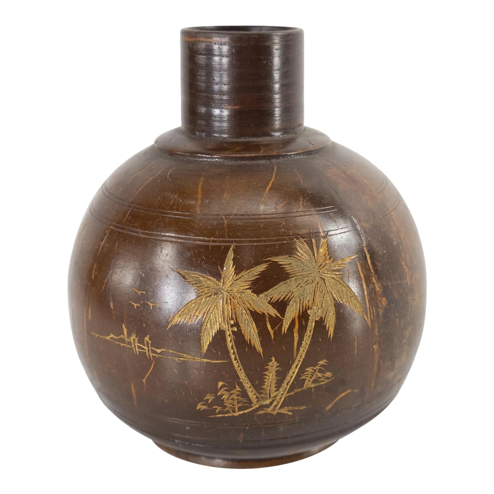 Vintage Late 20th Century Tropical Souvenir Carved Coconut Bottle Vase ...