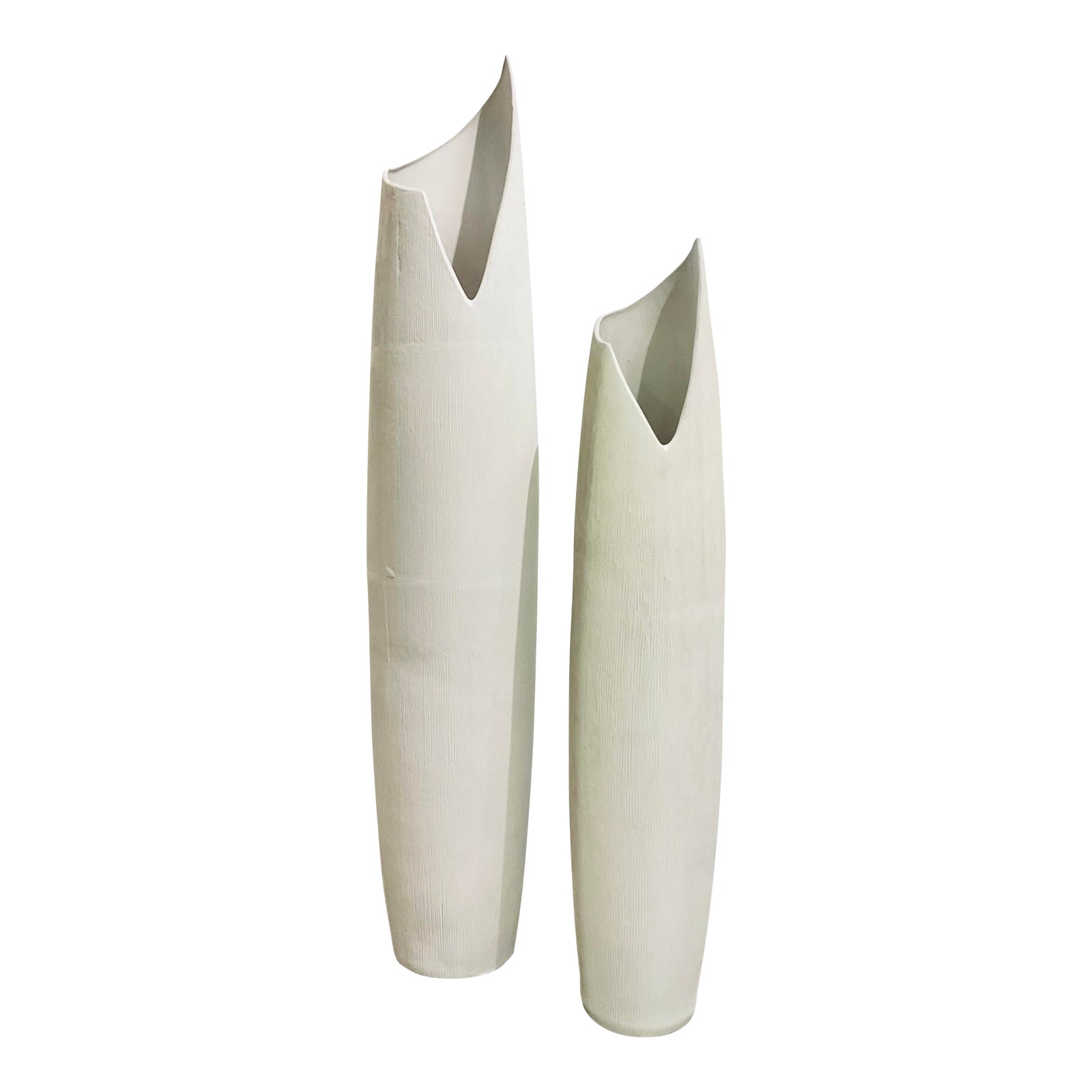 Modern Tall Textured Matte White Floor Vases Set of 2 | Chairish