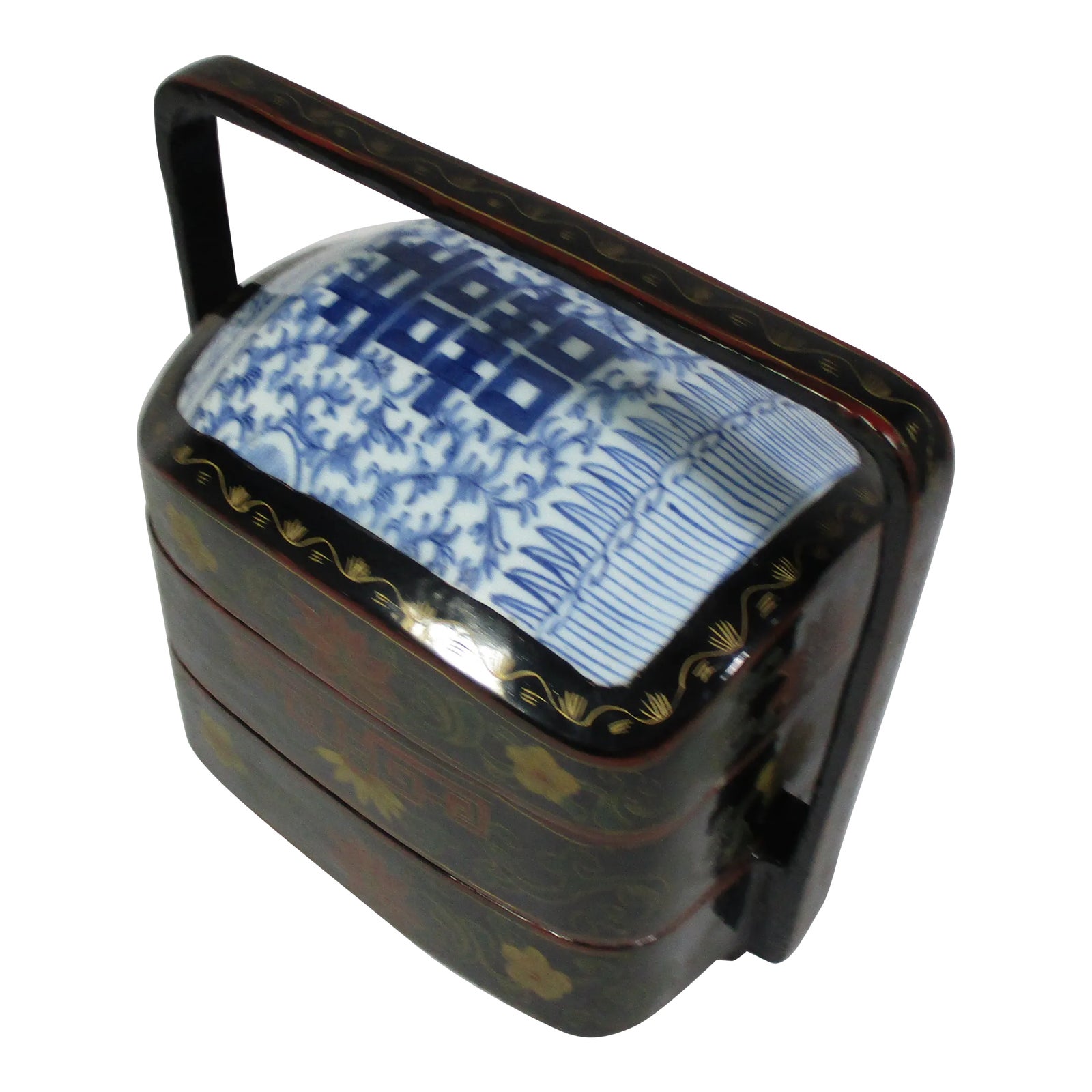 Vintage Chinese Storage Box With Antique Porcelain Shard Top | Chairish