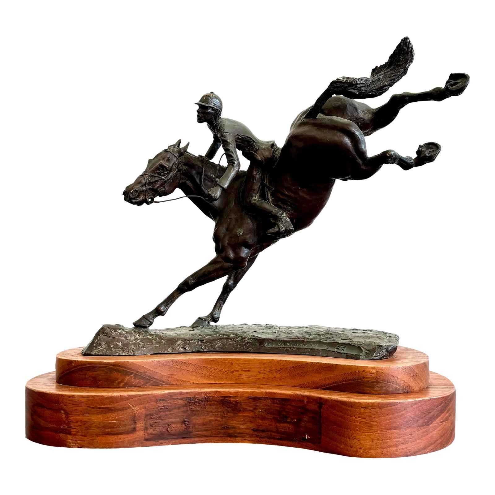 Vintage Boho Bronze Cast Horse Rider on Carved Wooden Base | Chairish