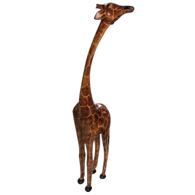Tall Hand-Carved Wood Standing Giraffe | Chairish