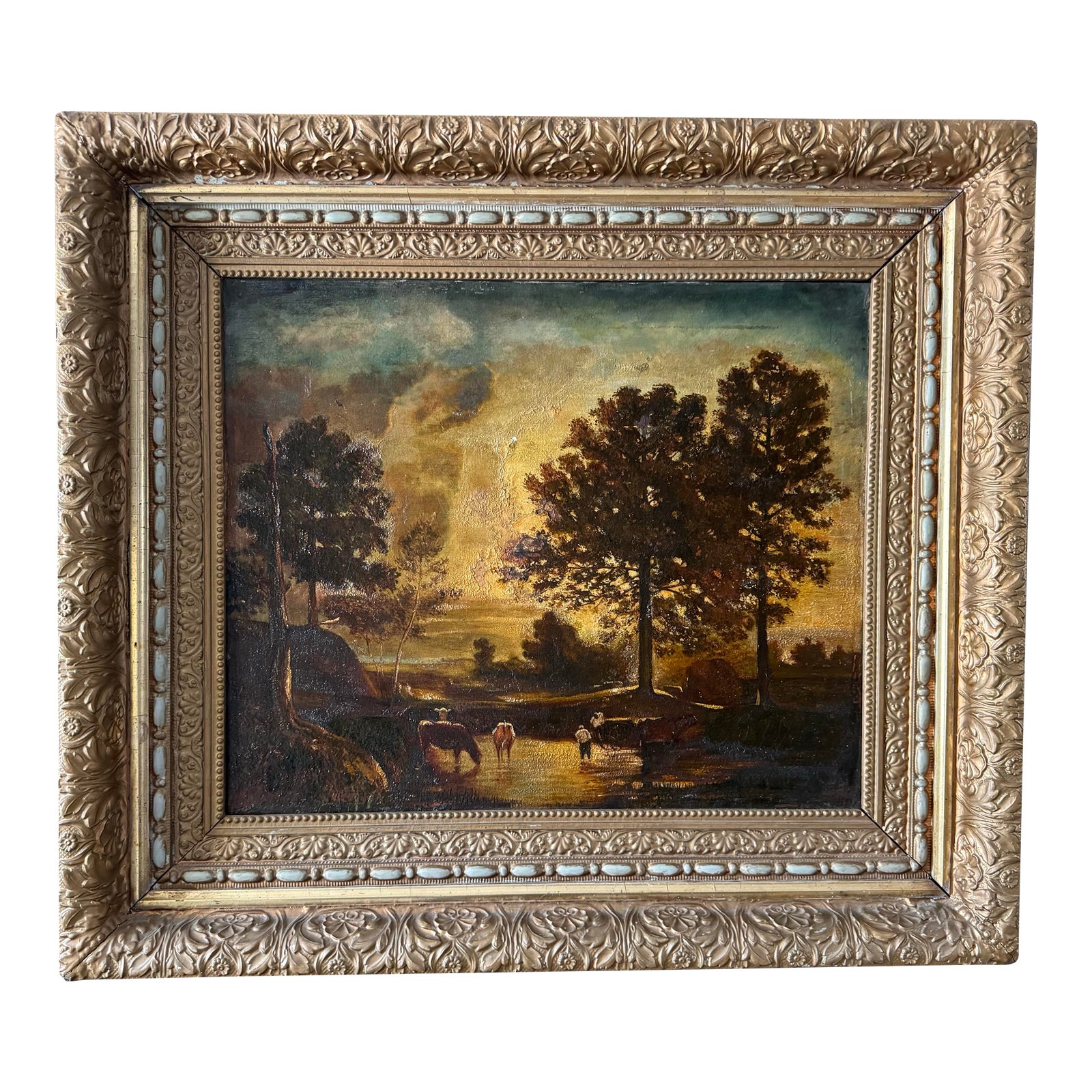 19th-Century Pastoral Oil Painting in Deep Carved Gilt Frame | Chairish