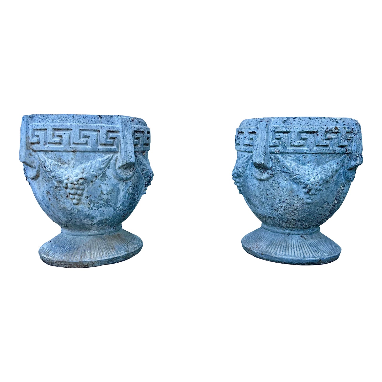 Pair of Antique Greek Key Grape Motif Garden Urns/ Planters, Circa 1920 ...