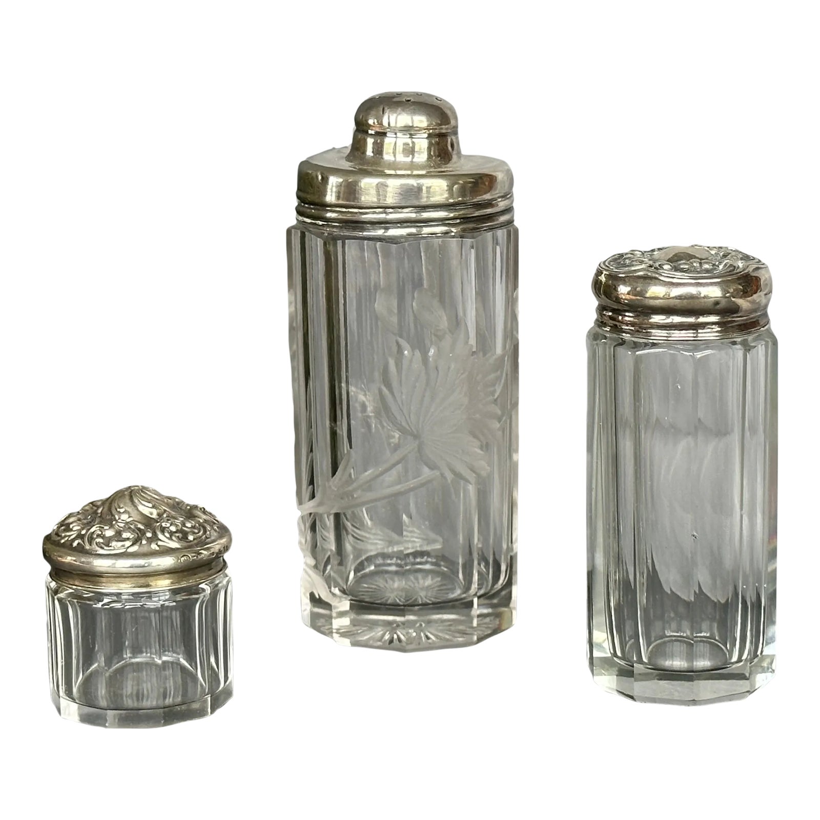Antique Victorian - Edwardian Glass Vanity Jar Set With Sterling Silver ...