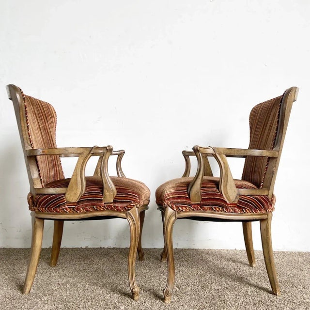 Traditional Wooden Retro Fabric Arm Chairs - a Pair | Chairish