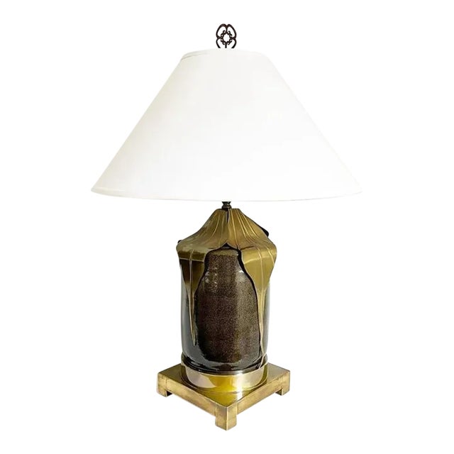 1970s Oversize Chocolate Ceramic & Brass Leaves Lamp & Shade | Chairish