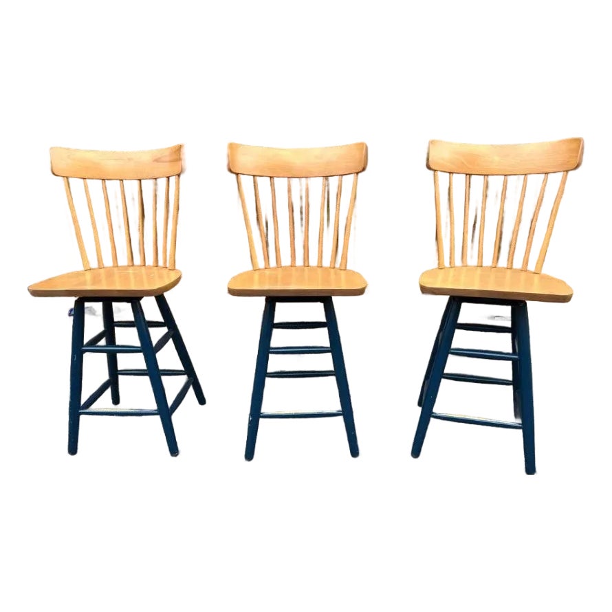 Set of Three Late 20th Century Spindle Back Swivel Solid Maple Bar ...