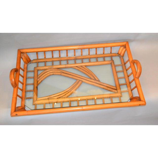 40s Boho Chic Handcrafted Bamboo Wood & Glass Table Tray, Serving Tray ...