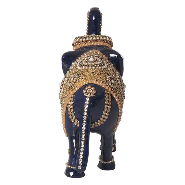 Ornate Blue Gold Elephant Statue With Stone Jewels | Chairish