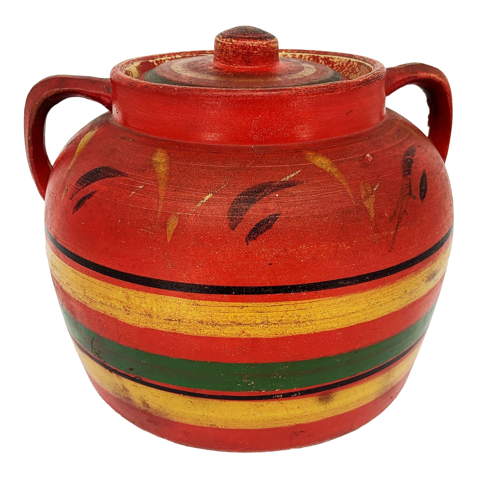 1930's Multicolor 2 Handle Covered Pottery Pot Jar | Chairish