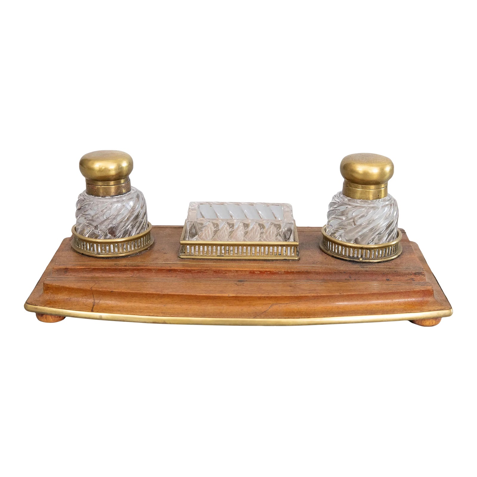 19th Century French Baccarat Crystal & Oak Double Inkwell Inkstand Desk ...