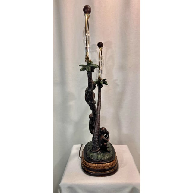 Vintage Three Wise Monkeys on Crossed Palm Tree Table Lamp With Leopard ...