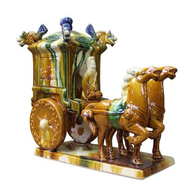 Chinese Tri-Color Ceramic Horse & Cart Figure | Chairish