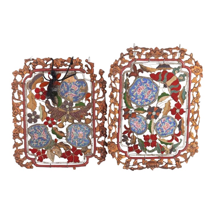 Pr Antique Chinese Floral Carved Hardwood, Enameled Copper, Silk & Mica ...