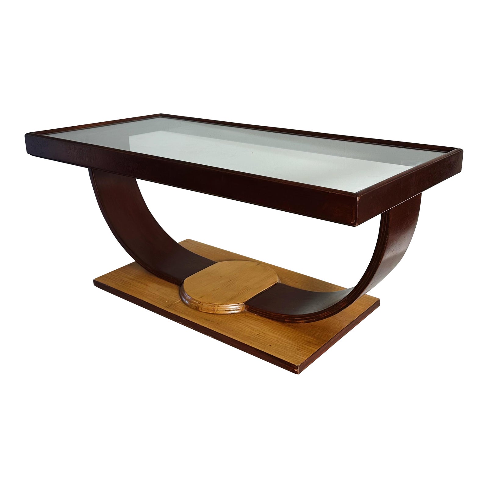 Art Deco French Rectangular Two-Toned U-Bend Coffee Table With Glass ...