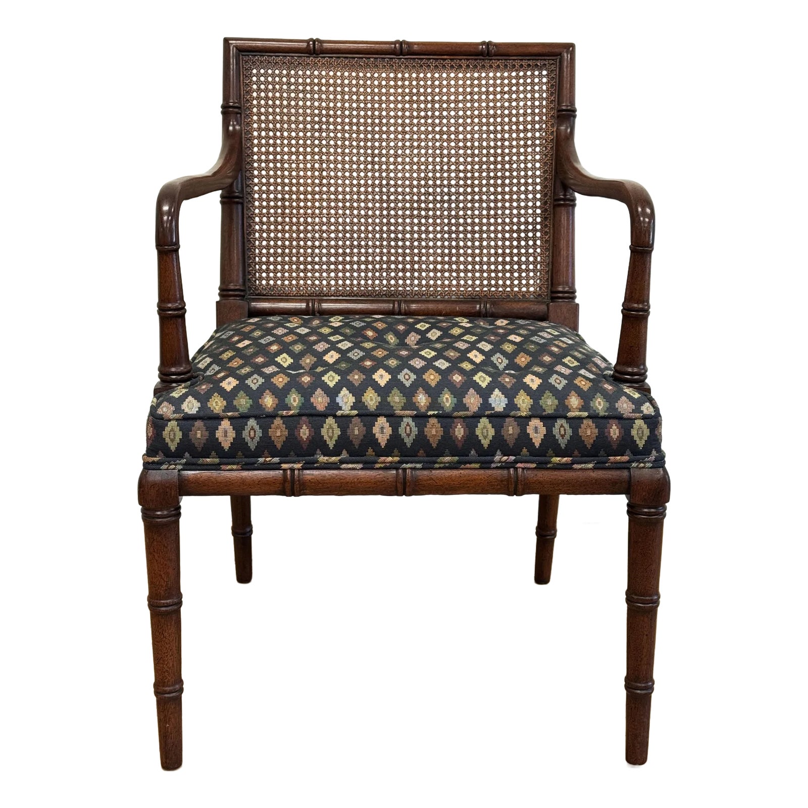 Vintage Faux Bamboo Cane Back Arm Chair W/ Upholstered Seat | Chairish