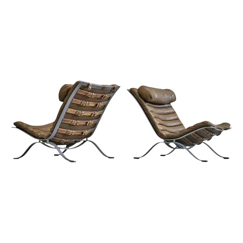 Ari Lounge Chairs in Steel and Patinated Leather by Arne Norell, 1960s ...