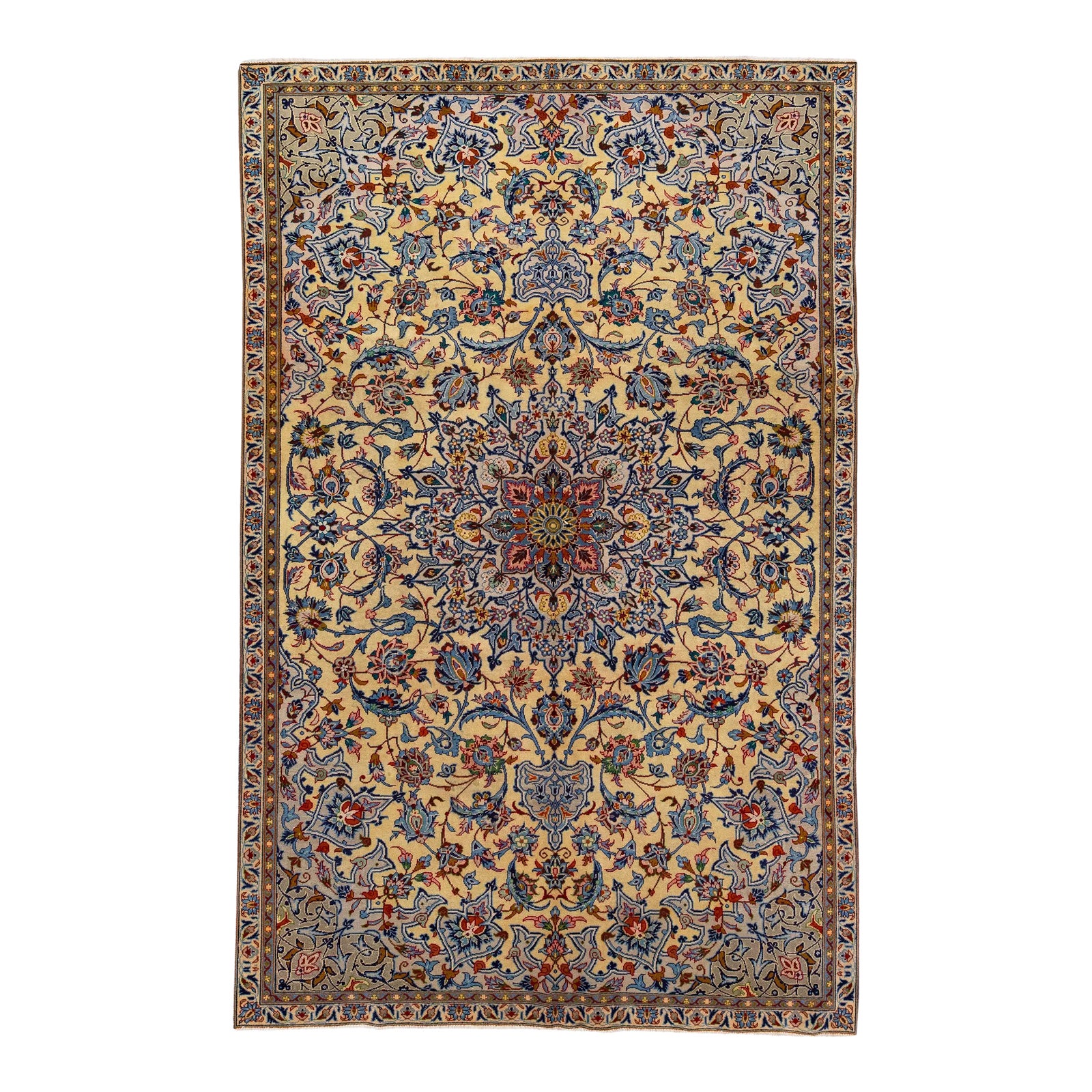 Vintage Persian Kashan Handmade Beige Medallion Wool Rug | Chairish