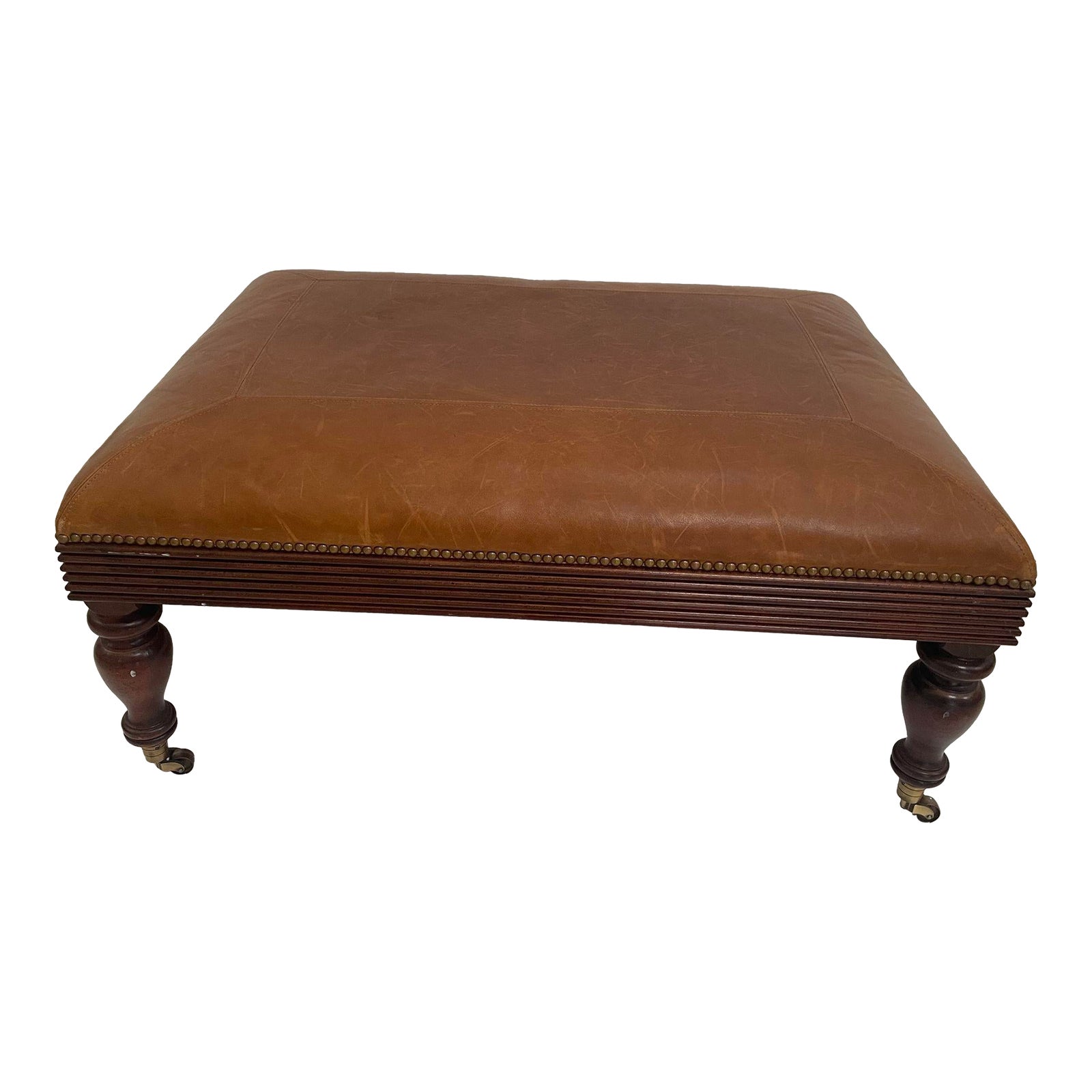 Victorian English Style Leather Ottoman With Brass Casters and Nailhead ...