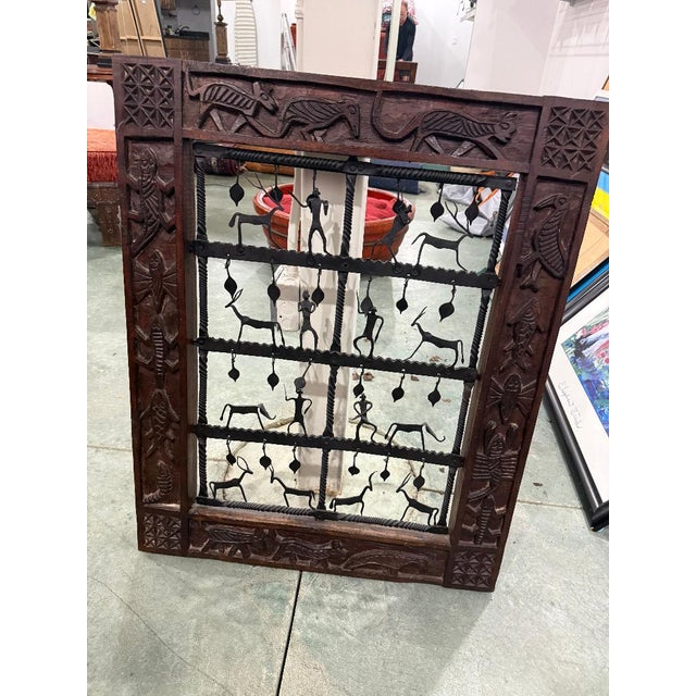 Hand-Carved Wooden & Wrought Iron Tribal Wall Panel / Window Grille ...