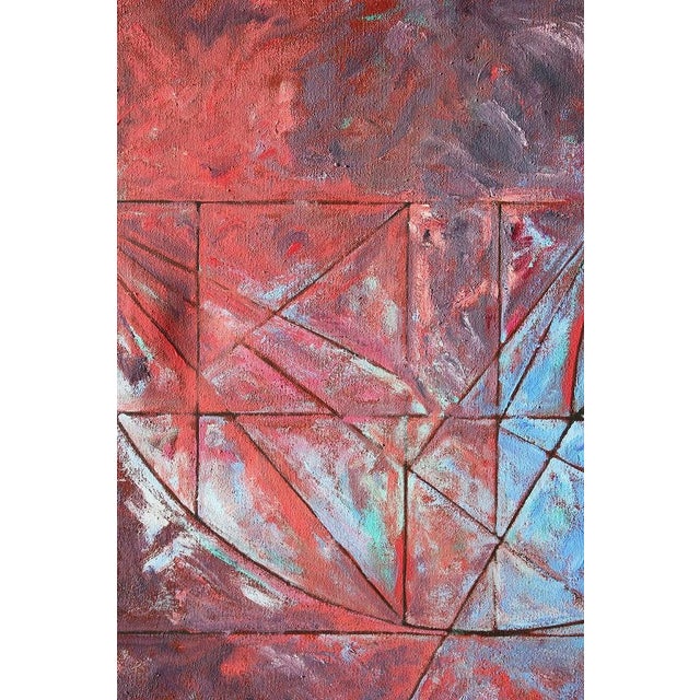 1985 Modern Red and Blue Geometric Abstract Painting With Linear Shapes ...