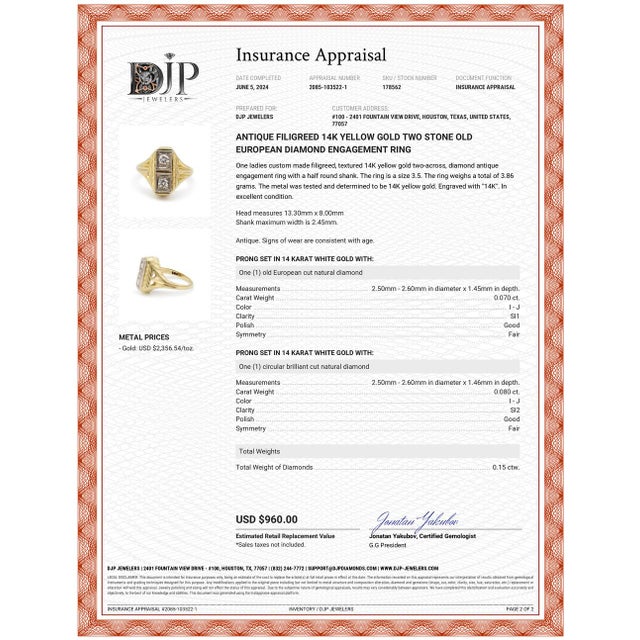 Antique Filigreed 14k Yellow Gold Two Stone Old European Diamond ...