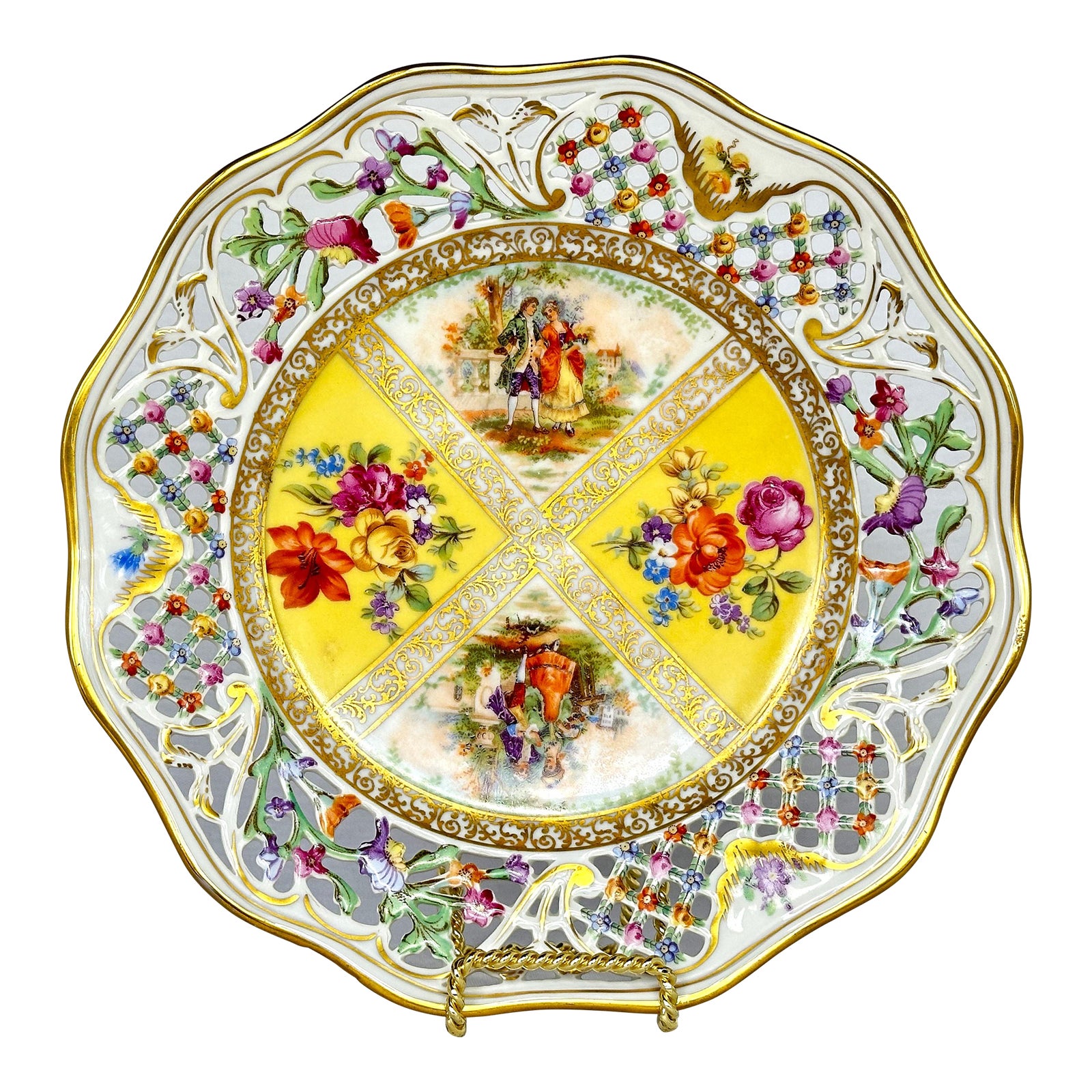 1940s Dresden Style Plate, Yellow Quatrefoil Reticulated German Plate ...