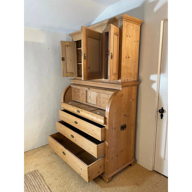 1888 Pine Highboy Storage Hutch With Desk | Chairish