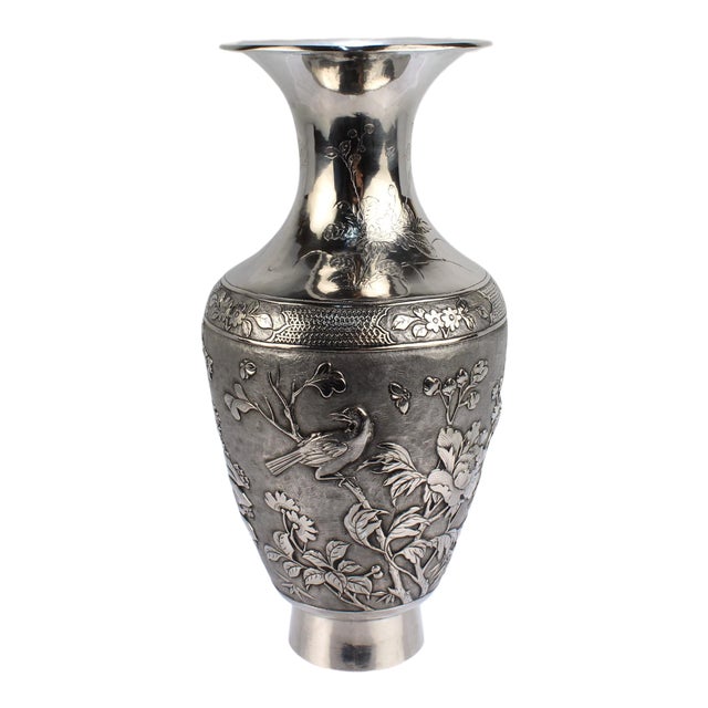Antique Signed Chinese Export Sterling Silver Vase With Landscape and ...