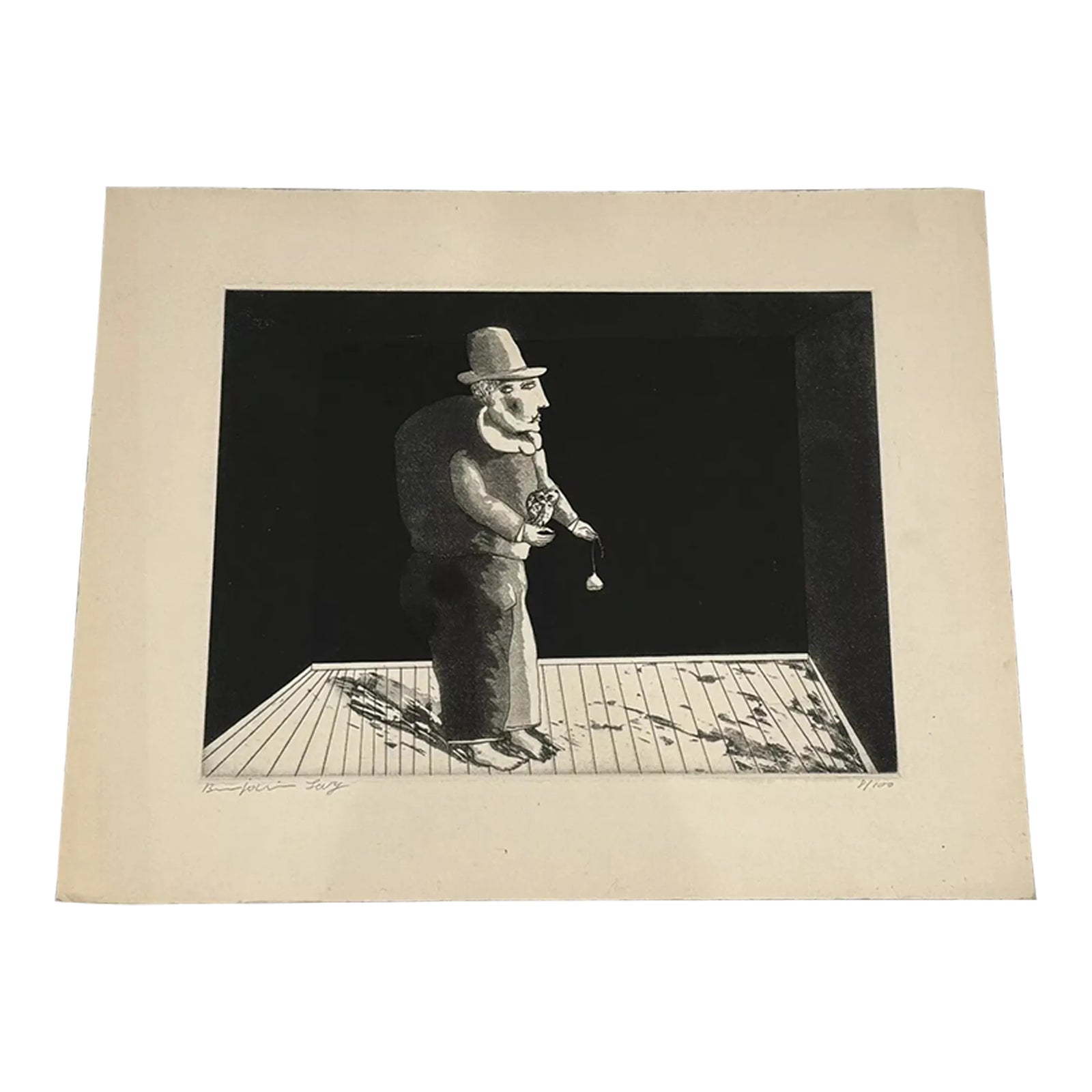 Surreal Etching "Man and Owl" by Listed Israeli Artist Benjamin Levy 8/ ...