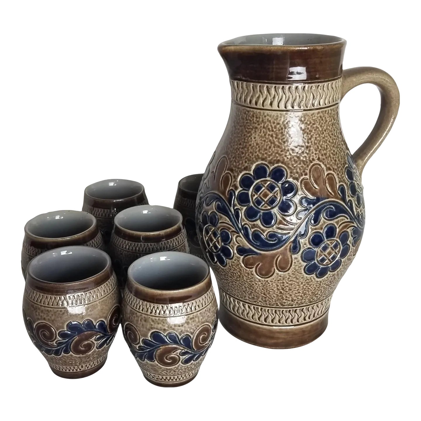 1960s Marzi Remy German Pottery Drinking Set - Pitcher With 6 Glasses ...
