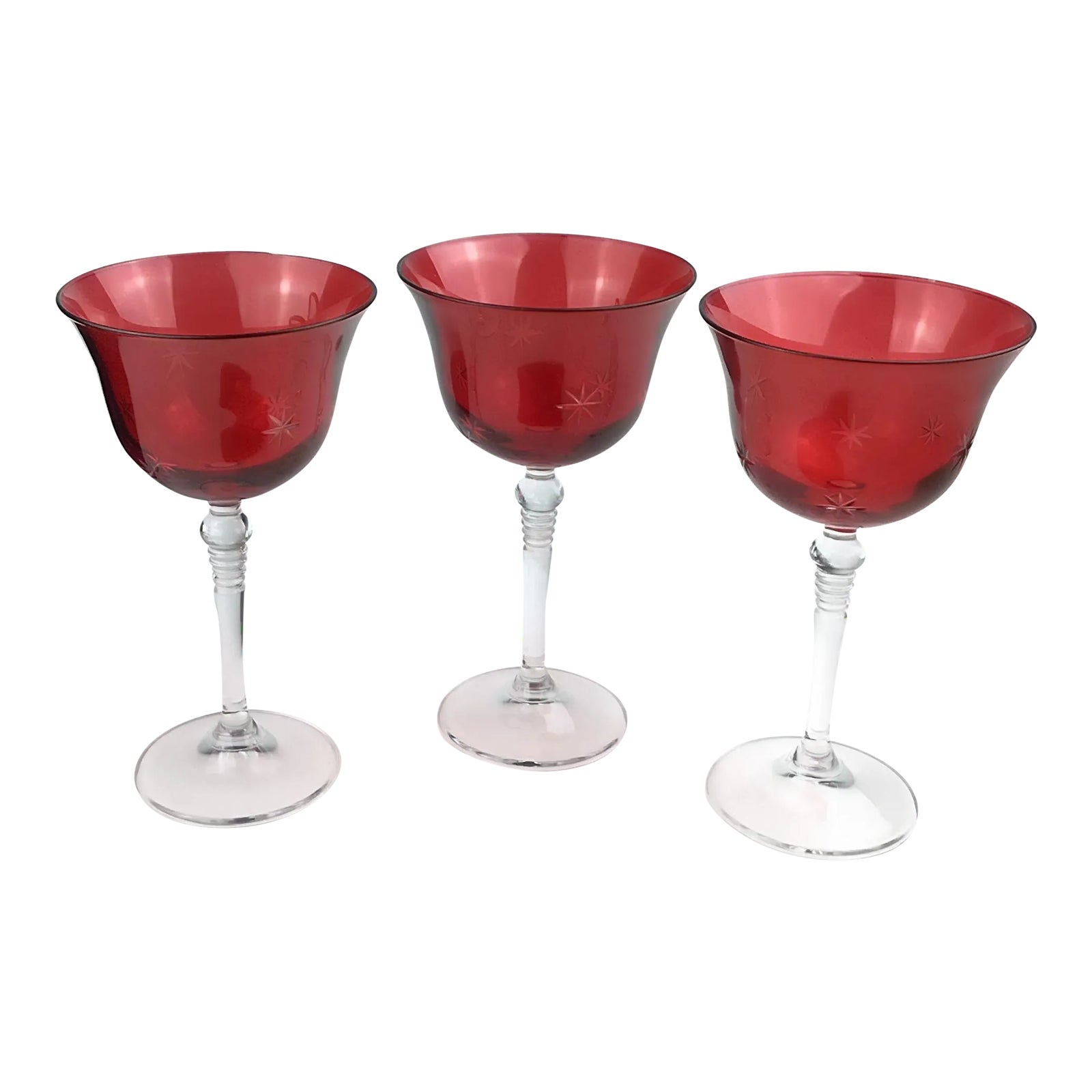 Vintage Red Star Etched Crystal Wine Glasses - Set of 3 | Chairish