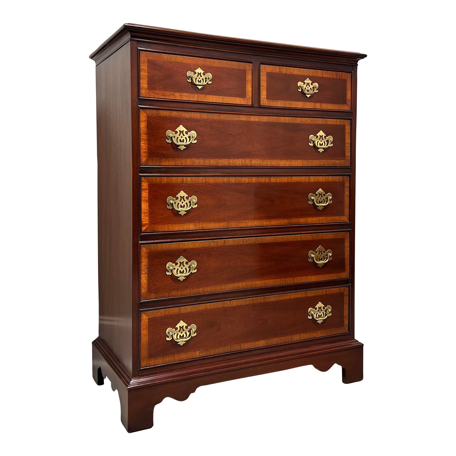 Dixie Banded Mahogany Chippendale Chest of Six Drawers - B | Chairish