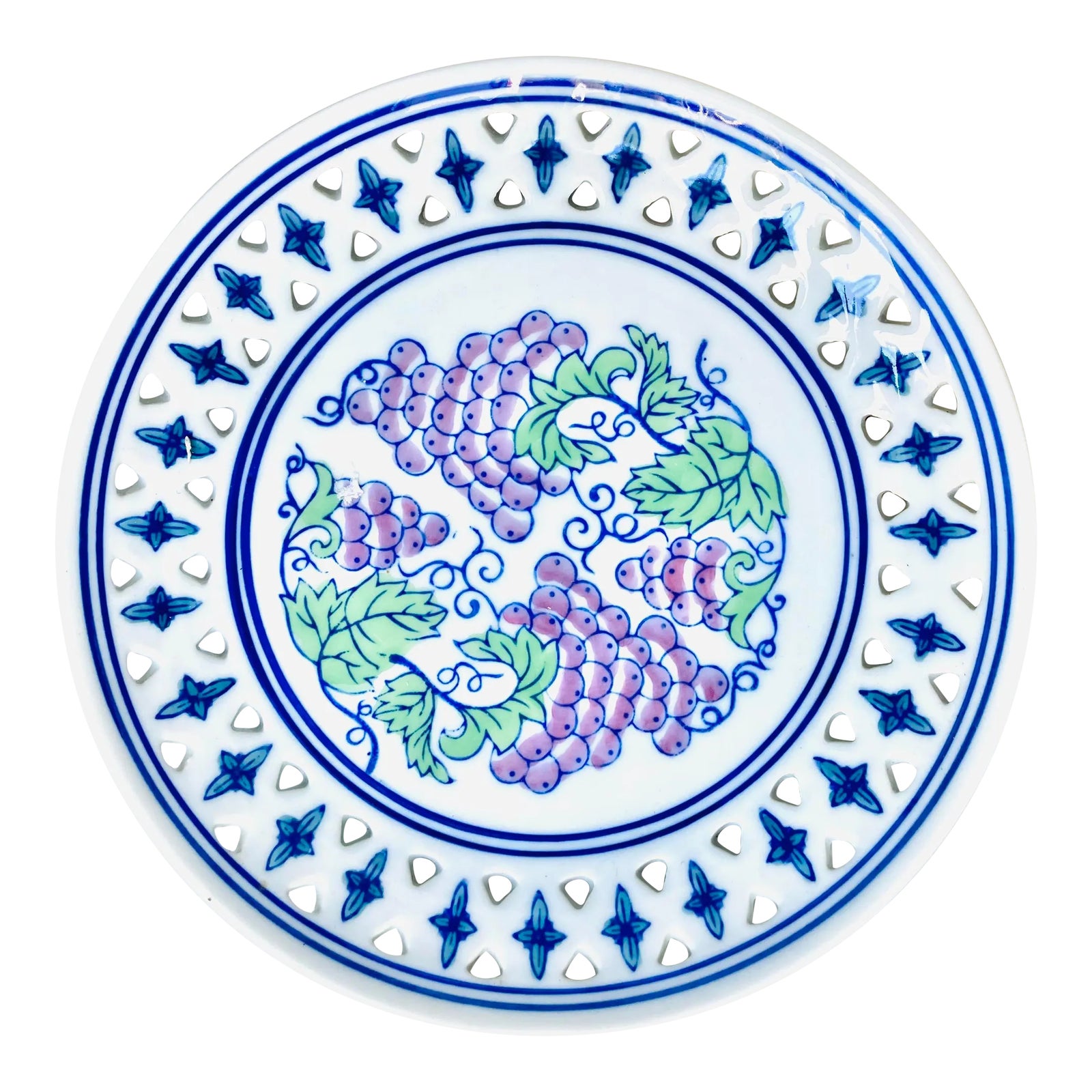 Vintage Porcelain Pierced Rim With Grape Design Decorative Plate | Chairish