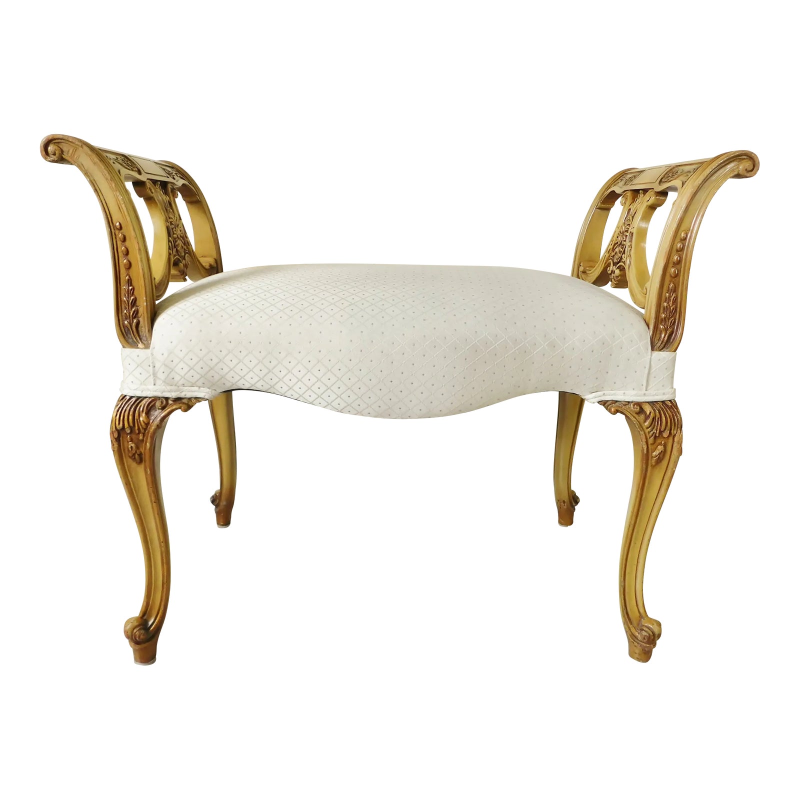 Vintage Mid Century French Carved Wood Ivory Upholstered Vanity Bench ...