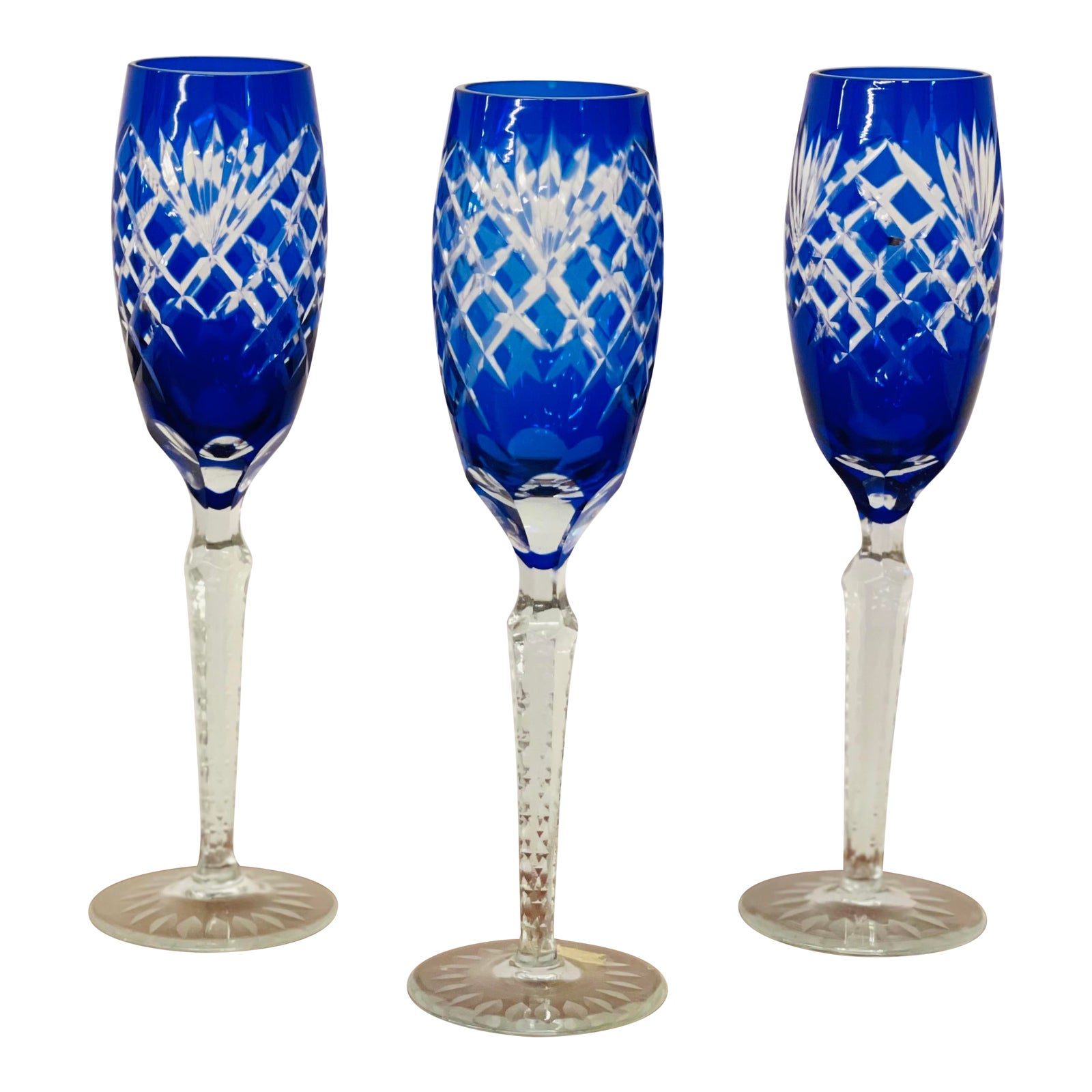 Mid 20th Century Hungarian Cobalt Blue Crystal Champagne Flutes Set Of 3 Chairish