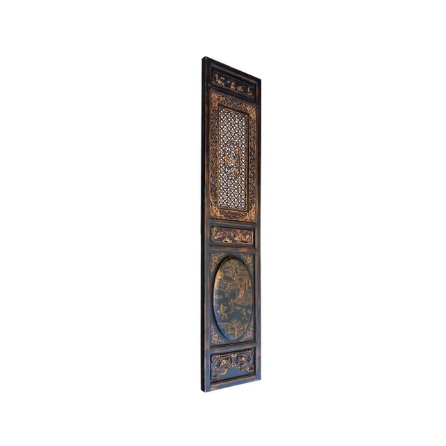 Chinese Flower Birds Scenery Golden Carving Graphic Wood Tall Panel ...