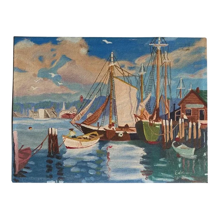 Vintage Oil Painting on Board Depicting a Harbor Scene, Artist Signed ...