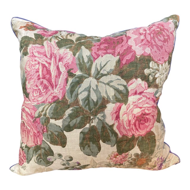 Vintage English Printed Floral Linen Pillow | Chairish