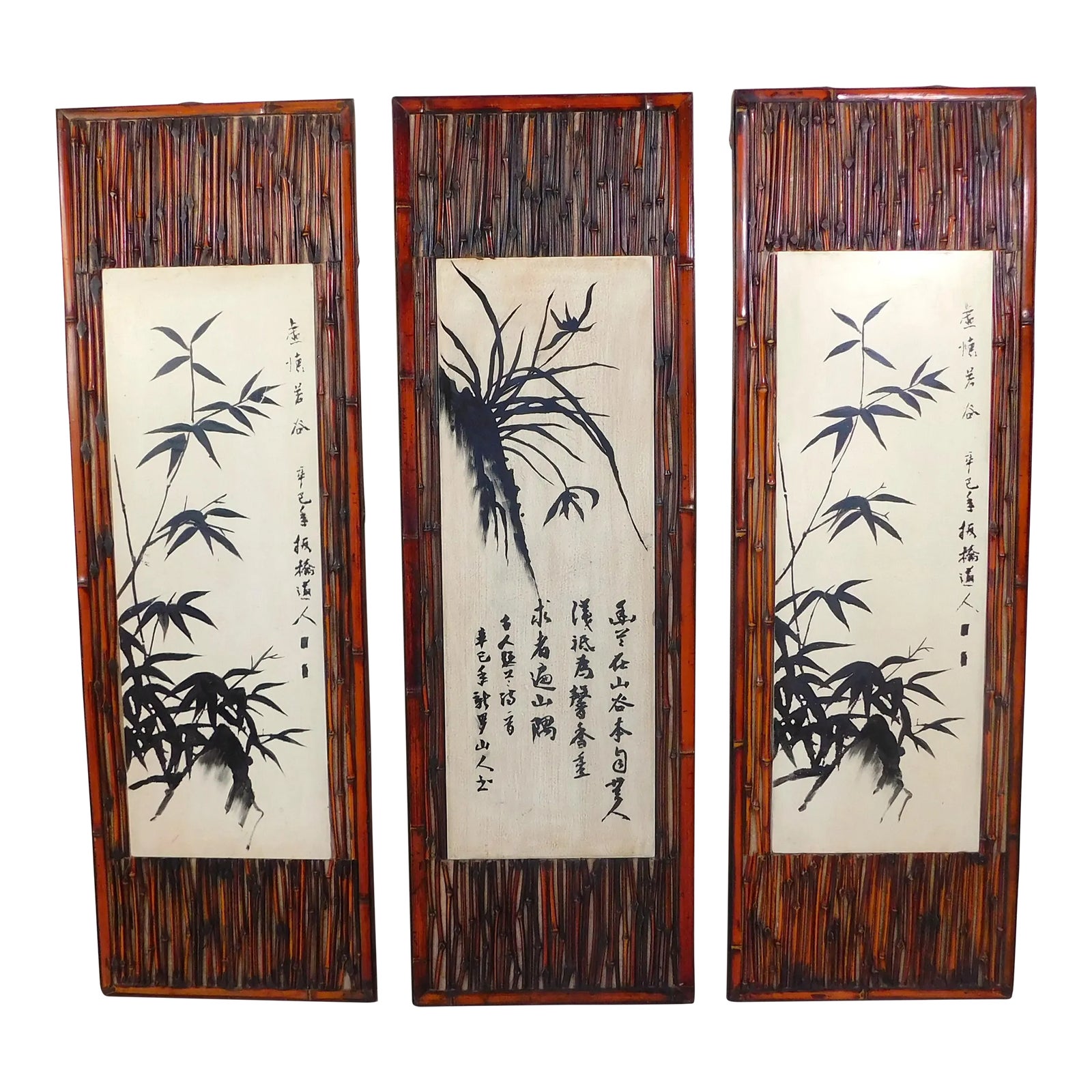 Vintage C1980s 3 Panel Faux Bamboo Chinese Oriental Wall Plaques | Chairish