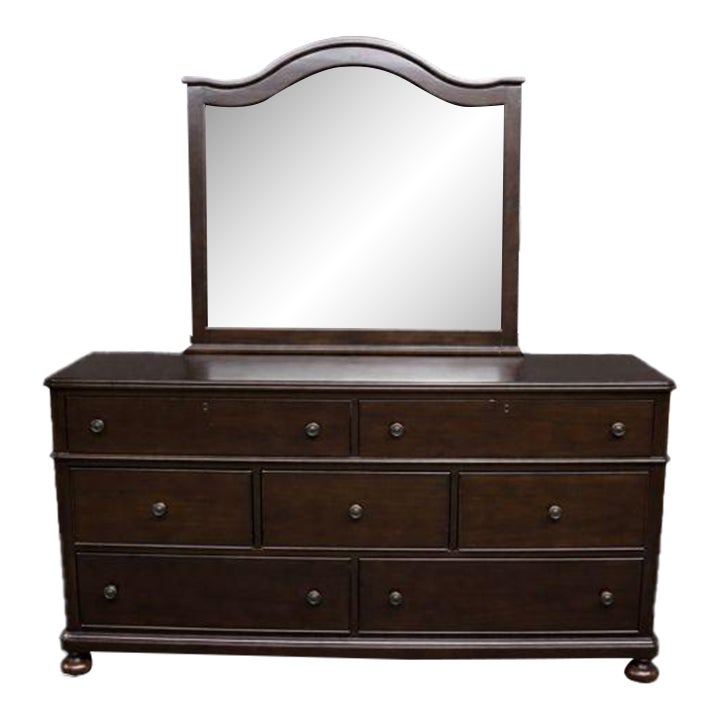 Bassett Dark Cherry 9-Drawer Dresser With Mirror | Chairish