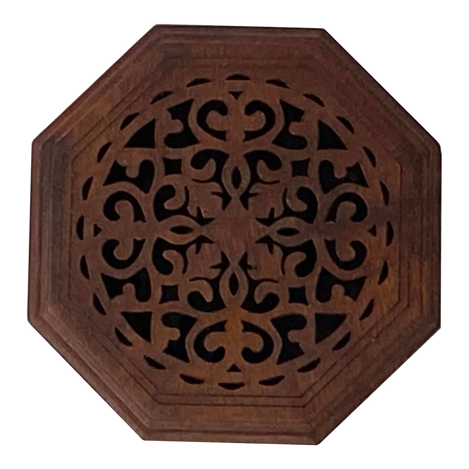Small Brown Wood Octagonal Carving Storage Accent Box | Chairish