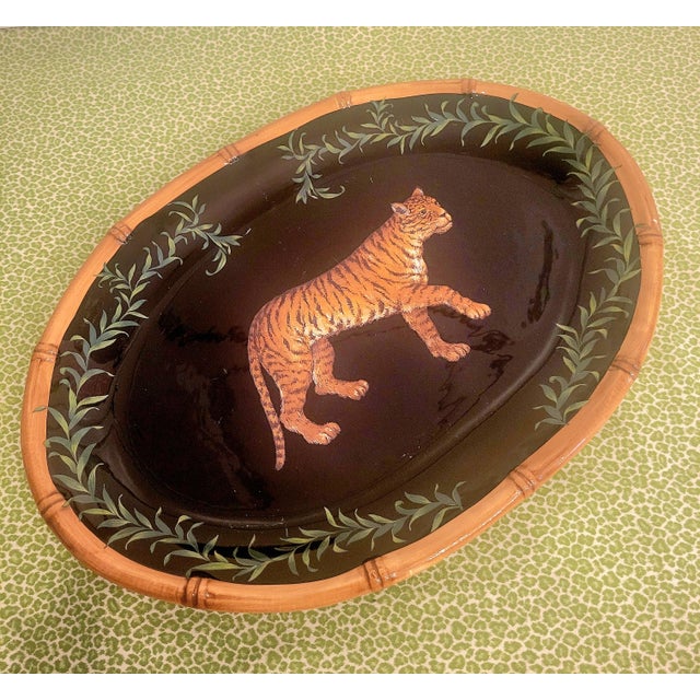 Regency Black Tan Whimsical Tiger Ceramic Tropical Faux Bamboo Serving ...