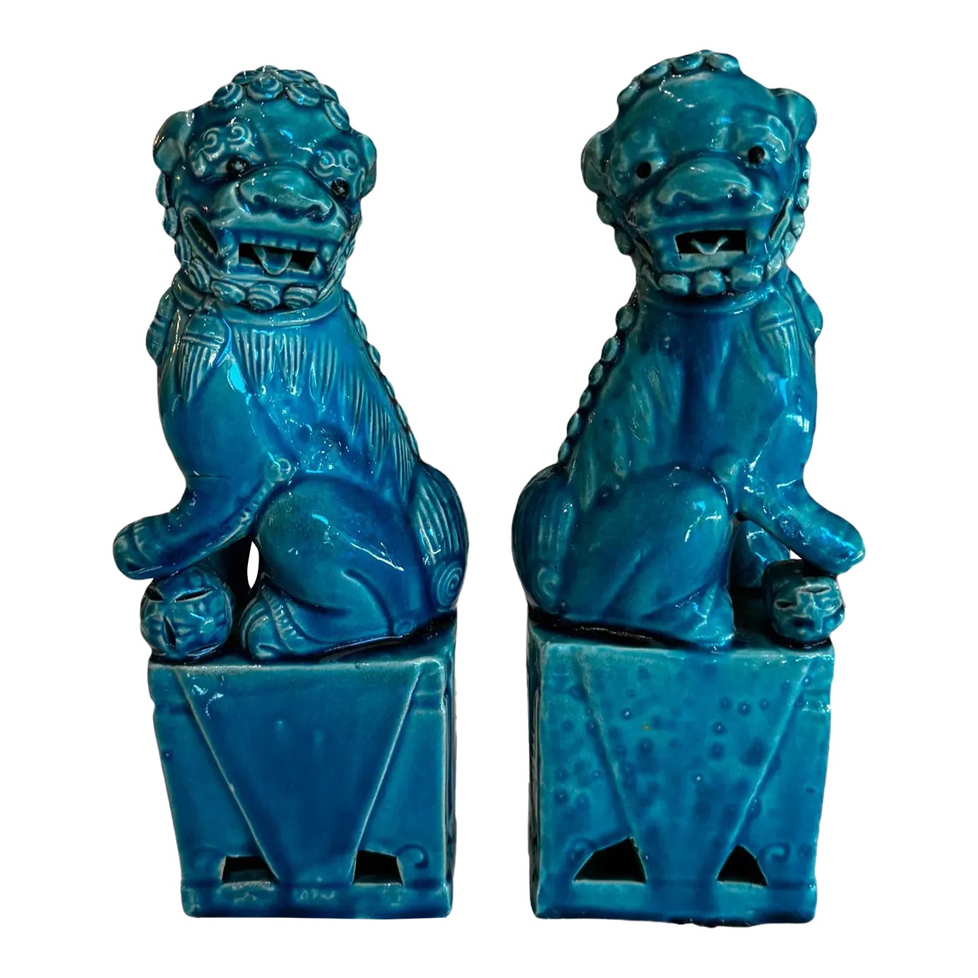 1990s Blue Foo Dog Statues - Set of 2 | Chairish