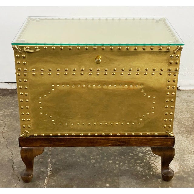 Vintage Riveted Brass Trunk Side Table on Wood Stand | Chairish