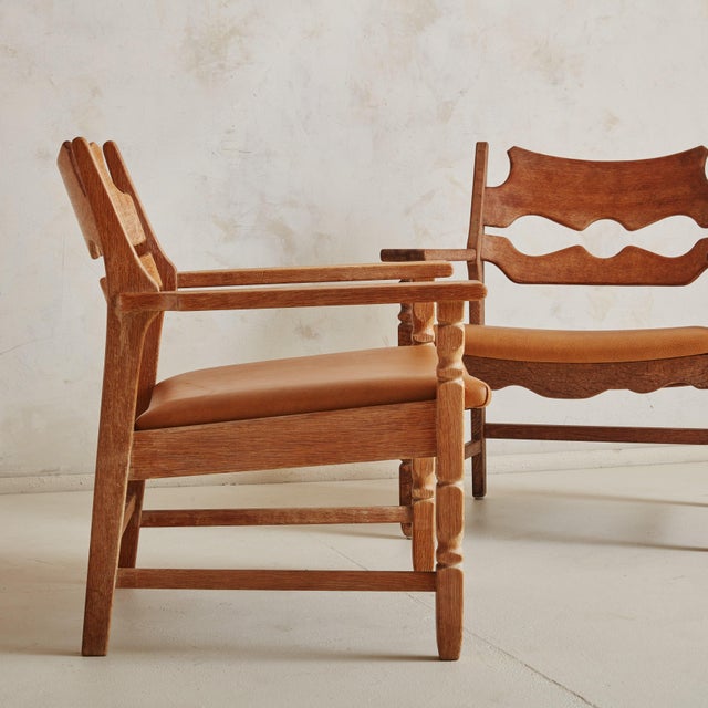 Oak + Camel Leather Razorblade Armchairs Attributed to Henning ...