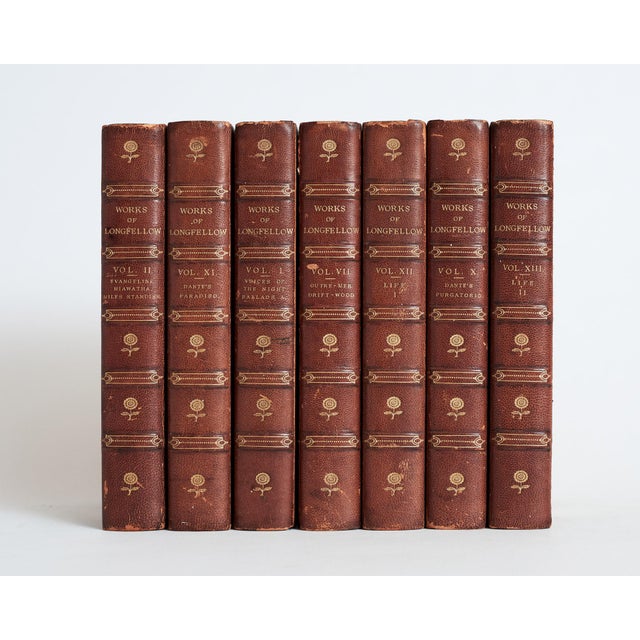 Antique Works of Longfellow Brown Leather-Bound Books - Set of 7 | Chairish