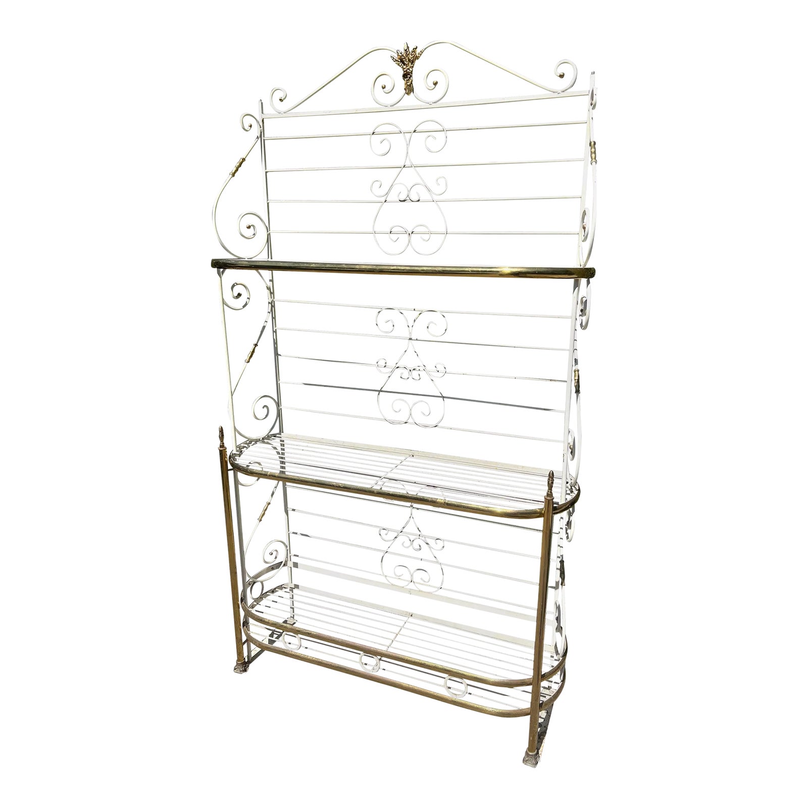 Three Shelf White Metal Bakers Rack with Brass Accents | Chairish