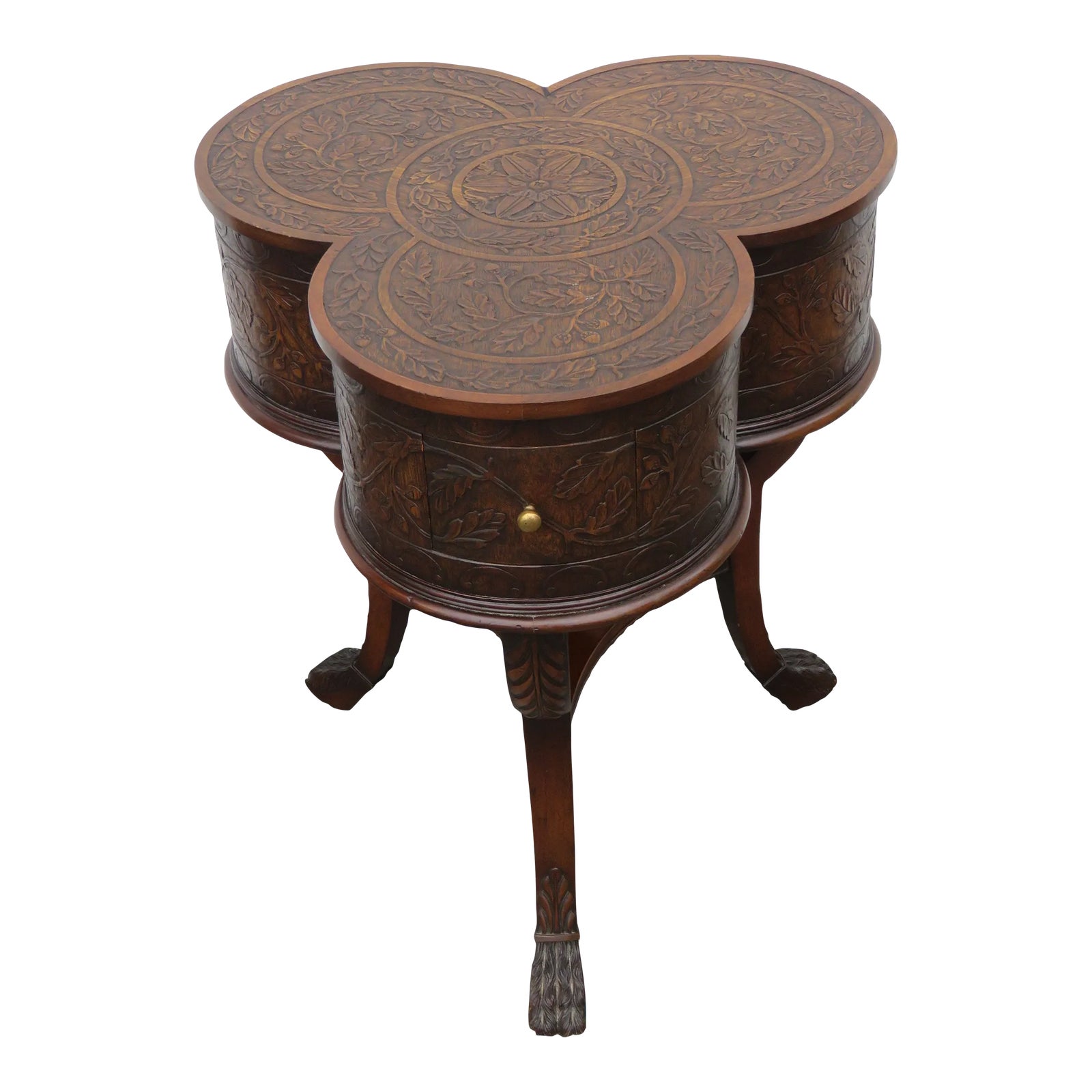 Hand Carved Side End Table With 3 Drawers | Chairish