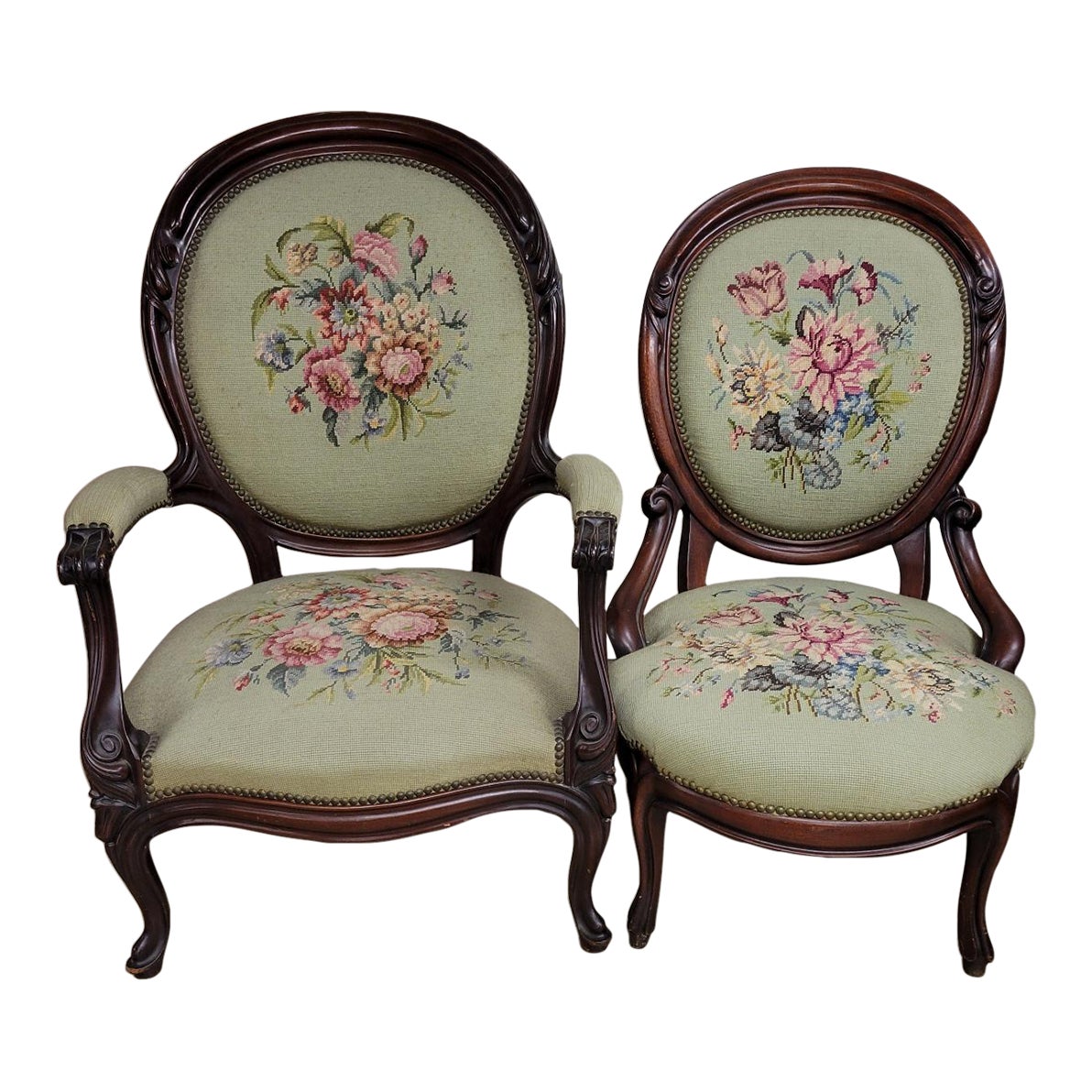 Victorian Mr. And Mrs. Embroidered Mahogany Balloon Back Chairs - a ...